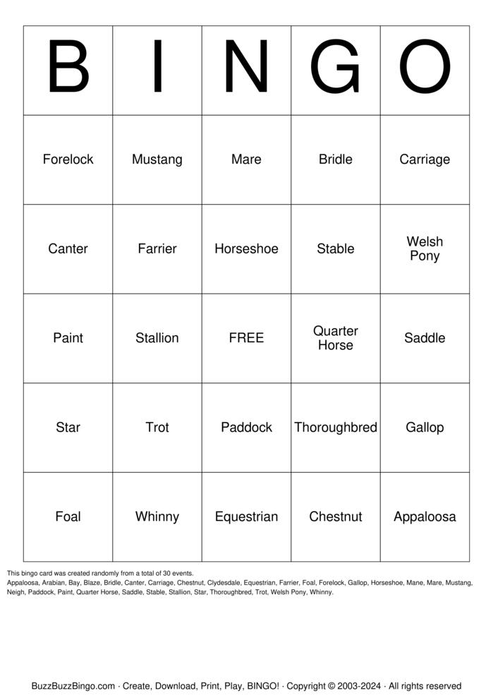 HORSE Bingo Cards to Download, Print and Customize!