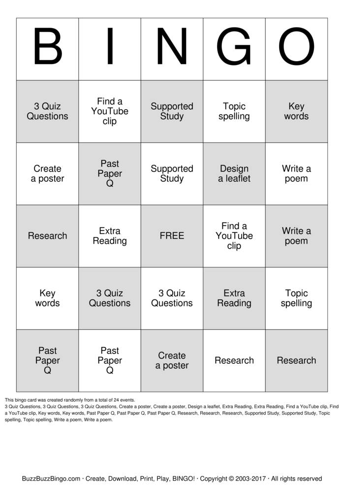 Homework Bingo Bingo Cards to Download, Print and Customize!