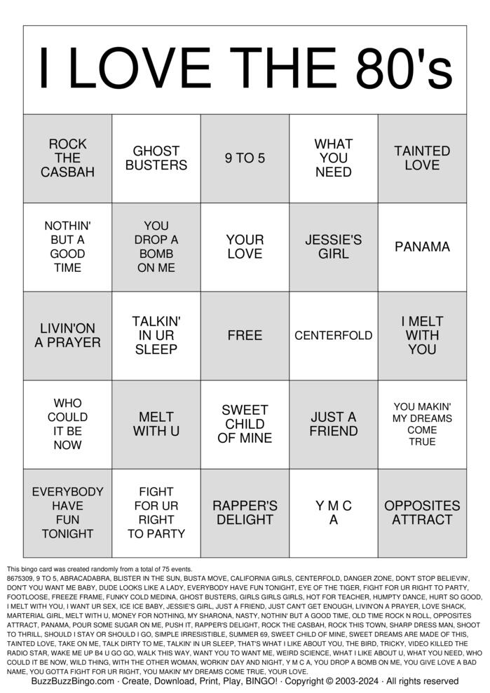 I LOVE THE 80's Bingo Cards to Download, Print and Customize!