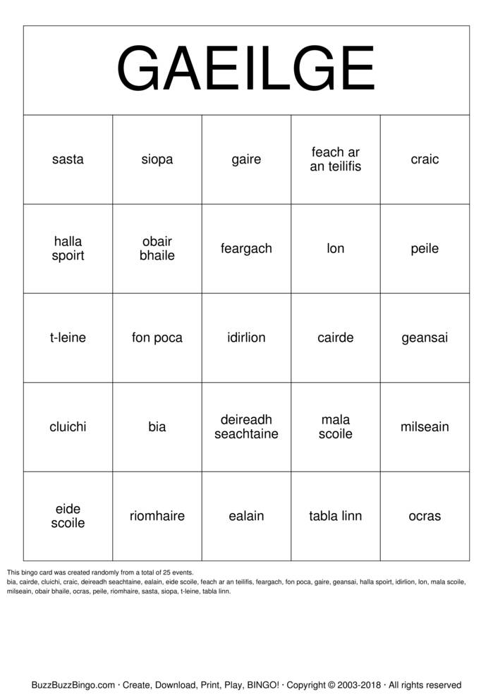 IRISH BINGO Bingo Cards to Download, Print and Customize!