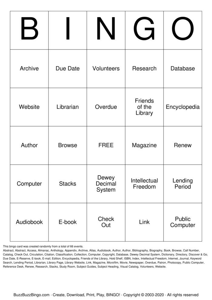 Library Bingo Bingo Cards to Download, Print and Customize!