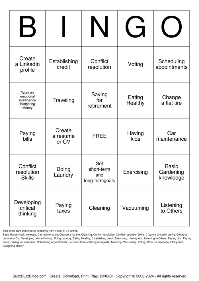 Life Skills Bingo Bingo Cards to Download, Print and Customize!