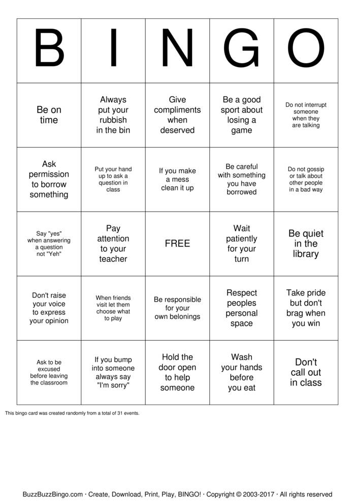 Manners Bingo Cards to Download, Print and Customize!