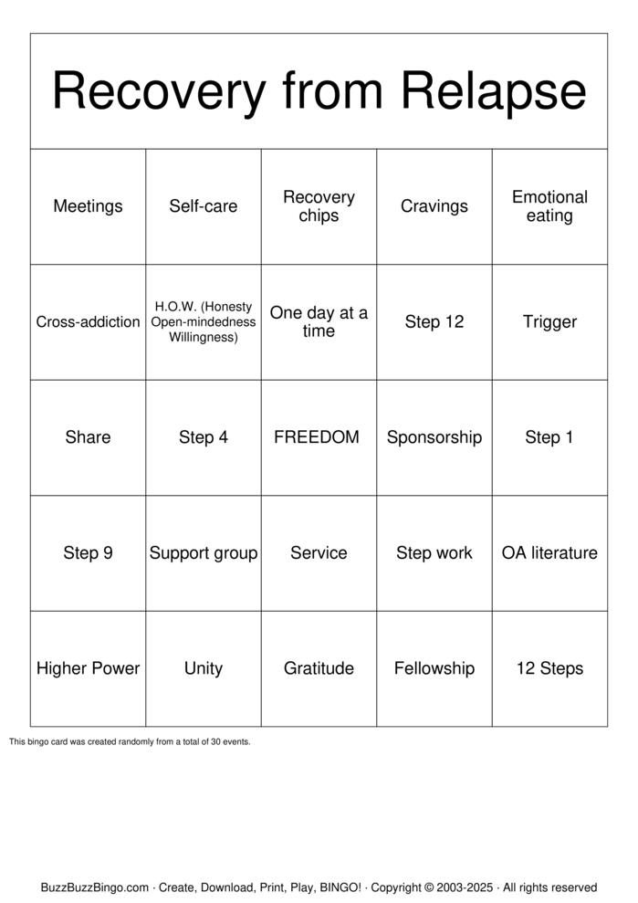 Overeaters Anonymous Bingo Cards to Download, Print and Customize!