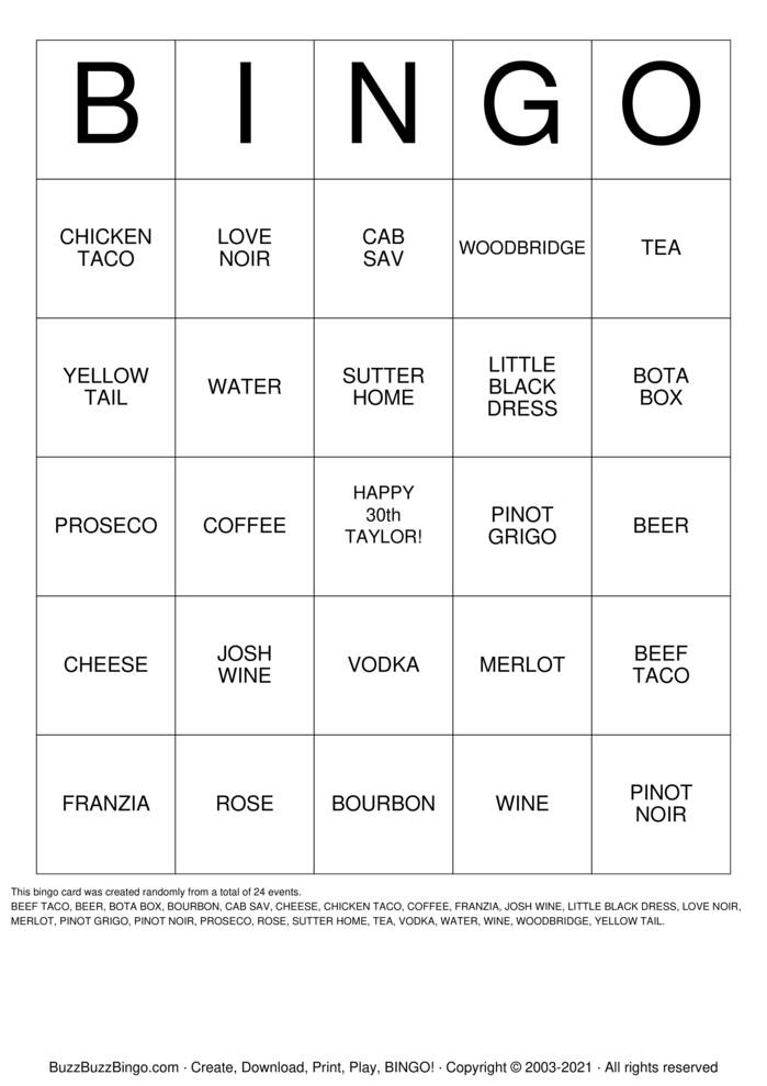 Wine Bingo Bingo Cards to Download, Print and Customize!
