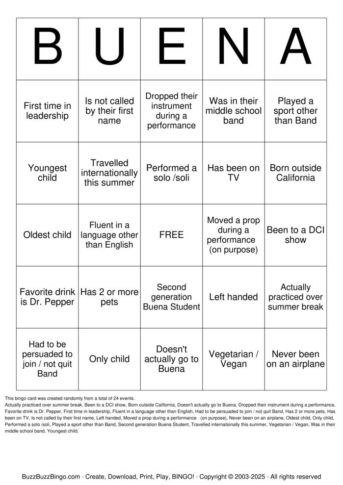 marching band Bingo Cards to Download, Print and Customize!