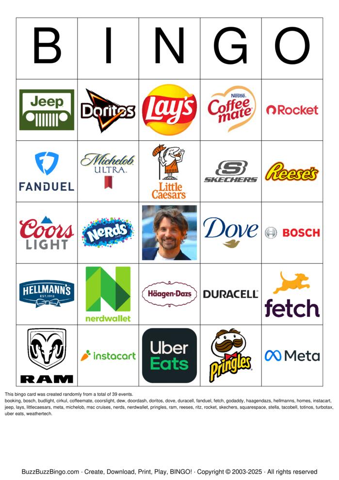 2025 Cooper Superbowl Commercial Logos Bingo Cards to Download, Print ...
