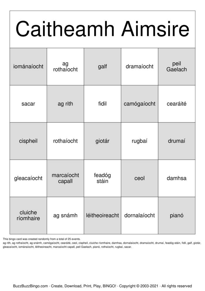Caitheamh Aimsire Bingo Cards to Download, Print and Customize!