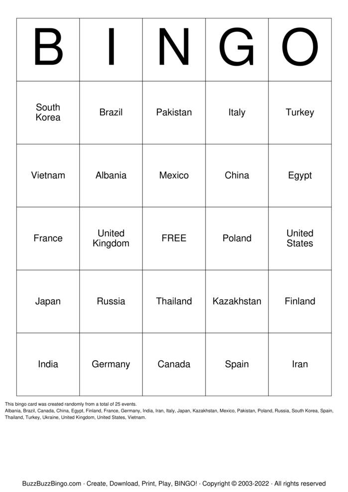 Countries Bingo Cards to Download, Print and Customize!
