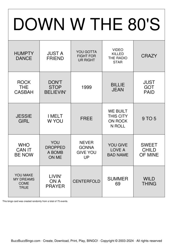 DOWN W THE 80'S Bingo Cards to Download, Print and Customize!