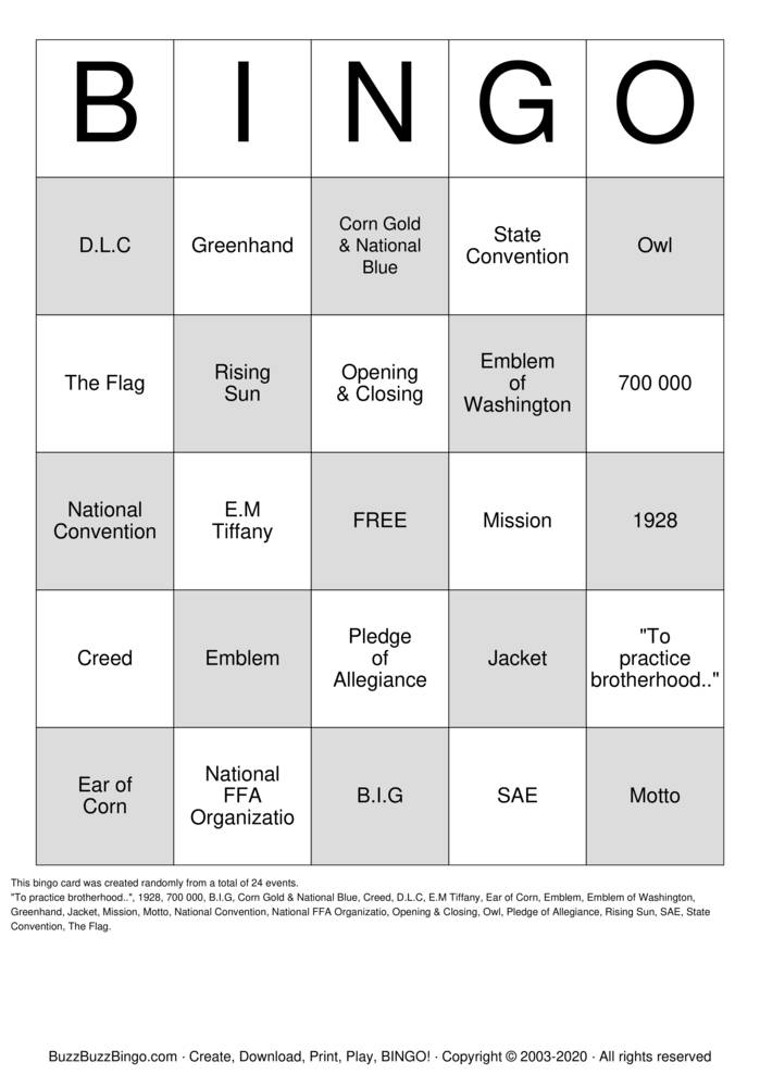 FFA Bingo Bingo Cards to Download, Print and Customize!