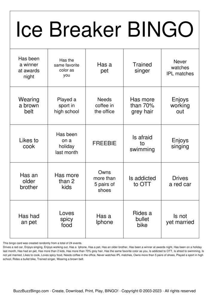 ICEBREAKER BINGO Bingo Cards to Download, Print and Customize!