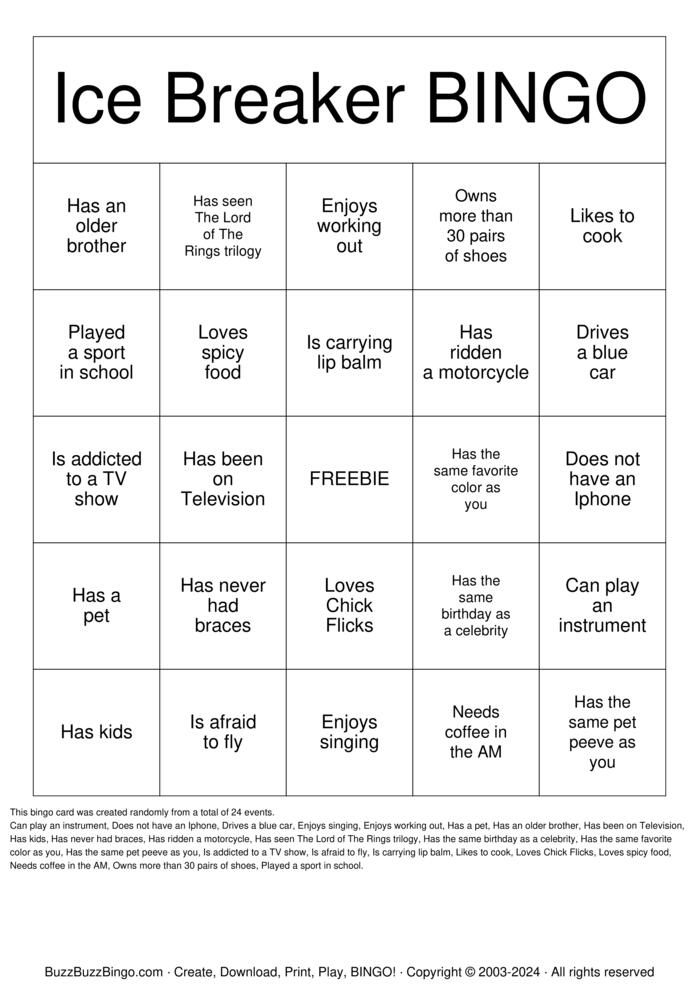 ICEBREAKER BINGO Bingo Cards to Download, Print and Customize!