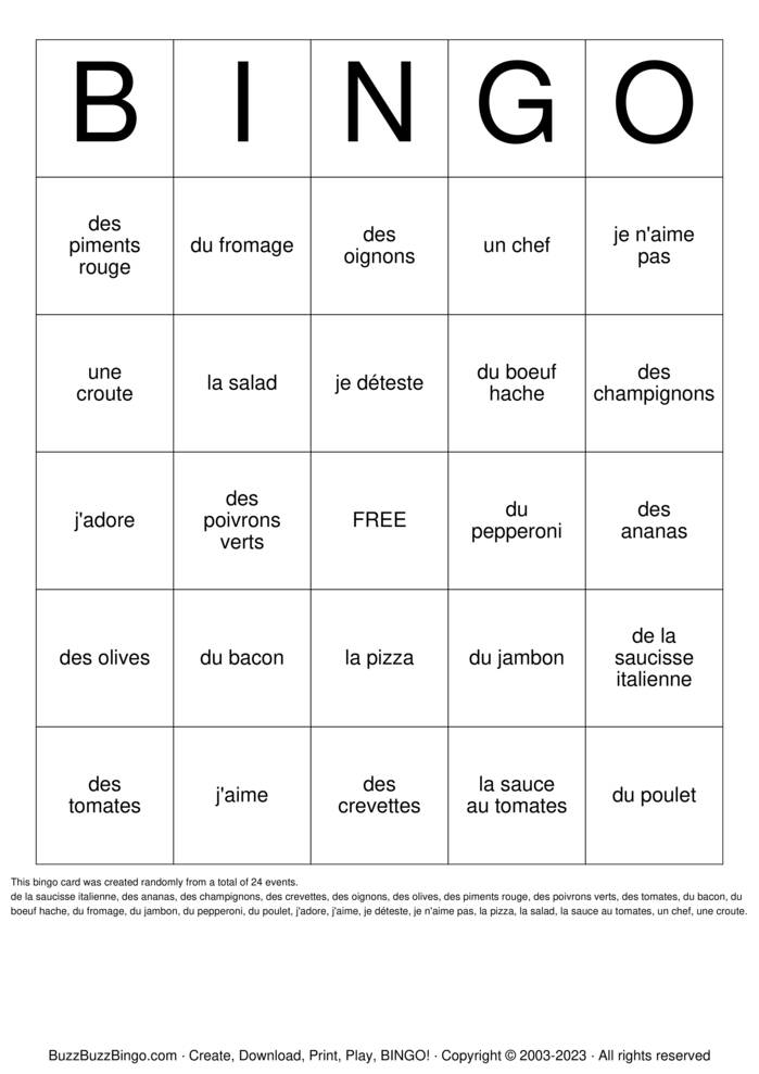 La pizza en francais! Bingo Cards to Download, Print and Customize!