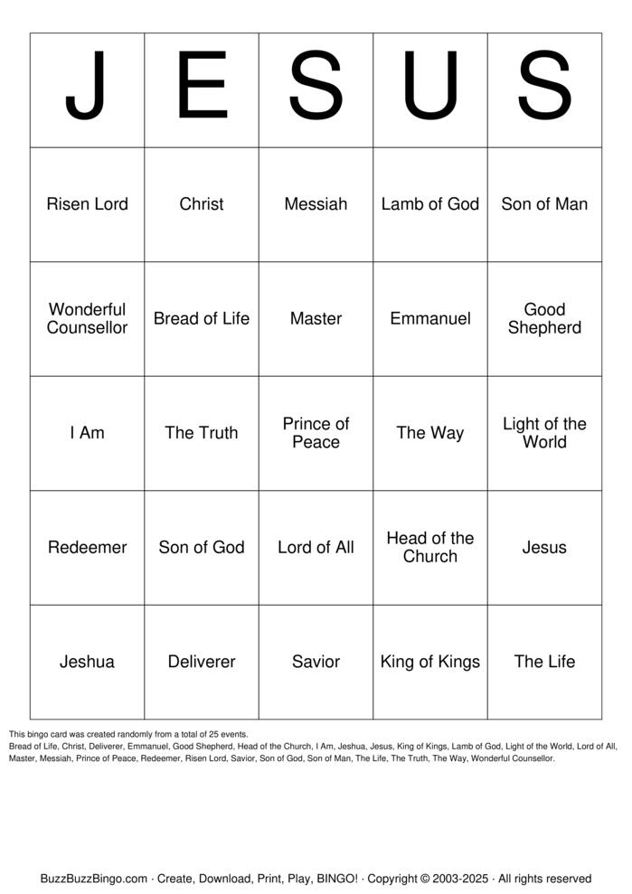 Names of Jesus Bingo Cards to Download, Print and Customize!