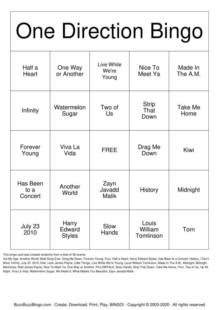 One Direction Bingo Bingo Cards to Download, Print and Customize!