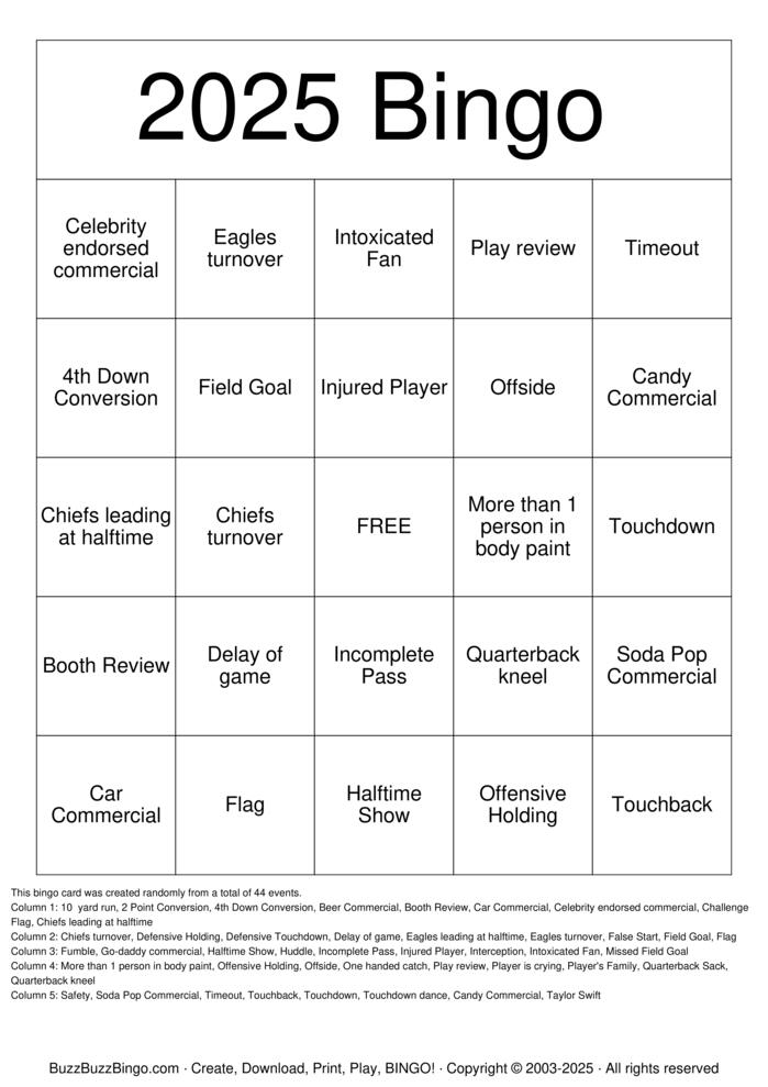 Super Bowl 2025 Bingo Cards to Download, Print and Customize!