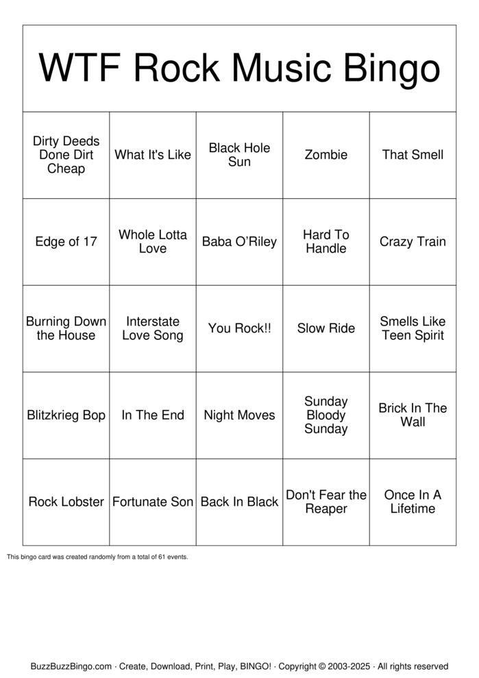 WTF-Rock Music Bingo Bingo Cards to Download, Print and Customize!