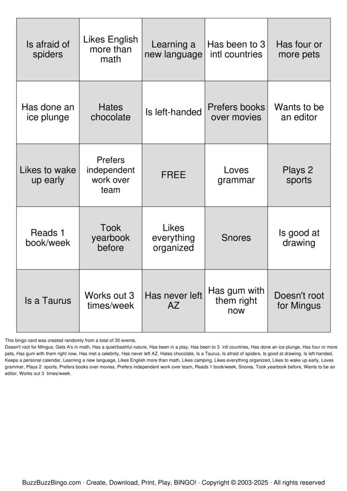 Yearbook (V1) Bingo Cards to Download, Print and Customize!