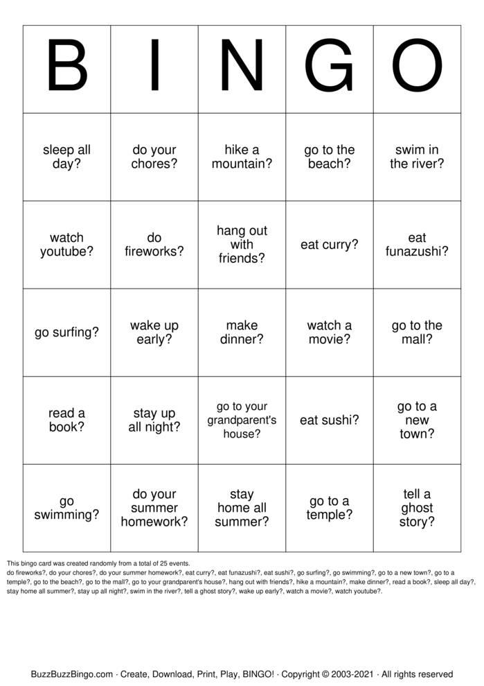 Yes/No Questions about summer Bingo Cards to Download, Print and Customize!