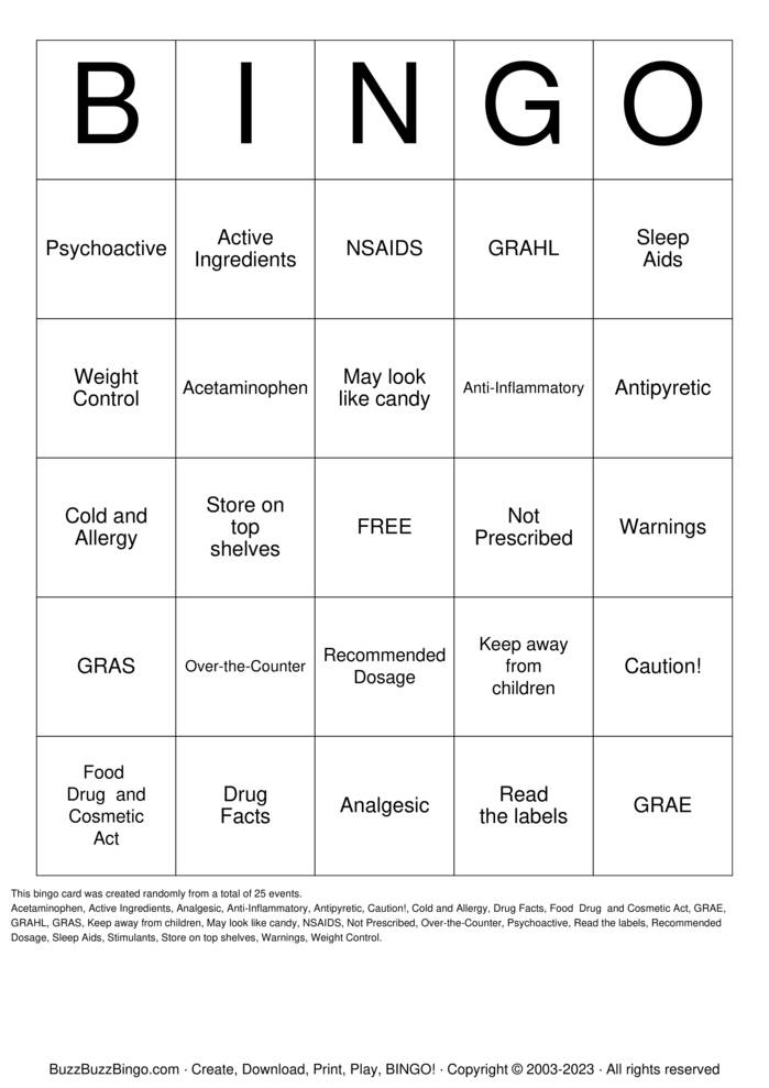 meds compliance Bingo Cards to Download, Print and Customize!