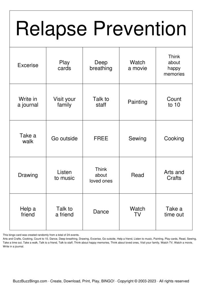 relapse prevention Bingo Cards to Download, Print and Customize!