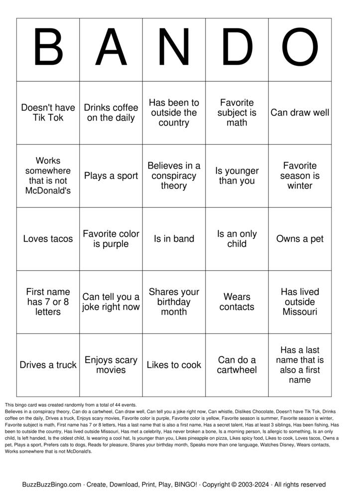 BANDO Bingo Cards to Download, Print and Customize!