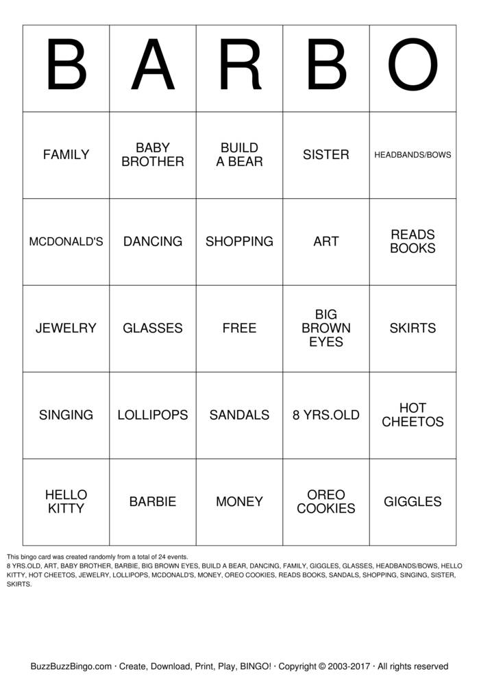 Barbie Bingo Cards to Download, Print and Customize!