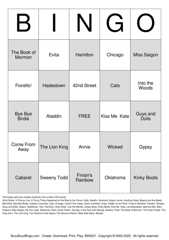 Broadway Musicals Bingo Cards to Download, Print and Customize!
