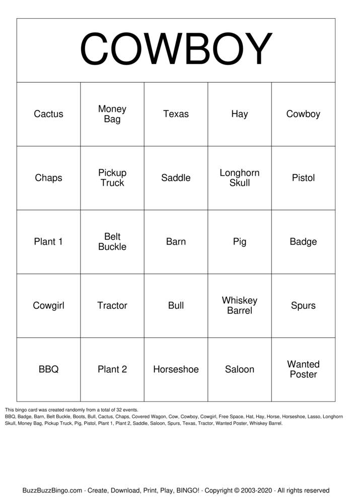 COWBOY Bingo Cards to Download, Print and Customize!