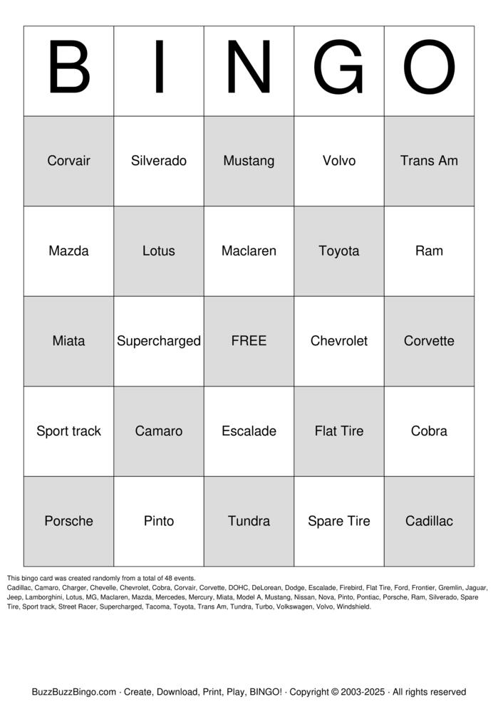 Corvette Club Bingo Bingo Cards to Download, Print and Customize!
