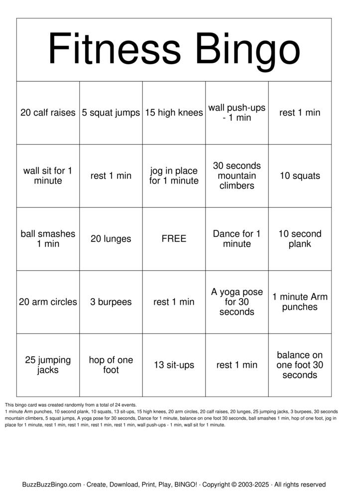 Fitness Bingo Bingo Cards to Download, Print and Customize!