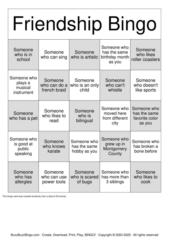Friendship Bingo Bingo Cards to Download, Print and Customize!