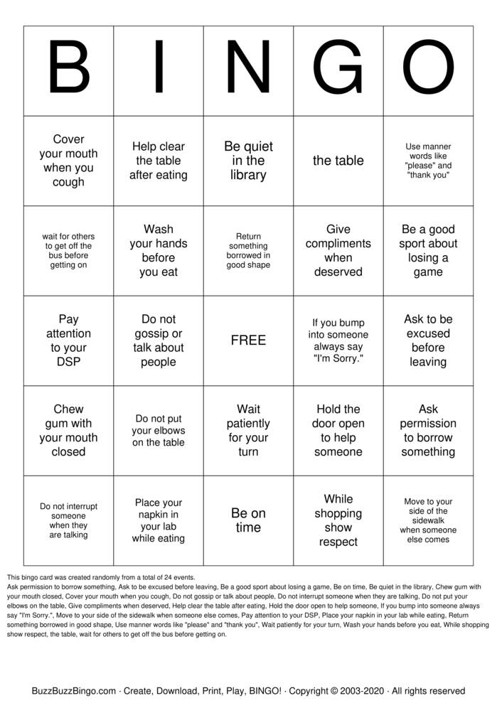 MANNERS Bingo Cards to Download, Print and Customize!