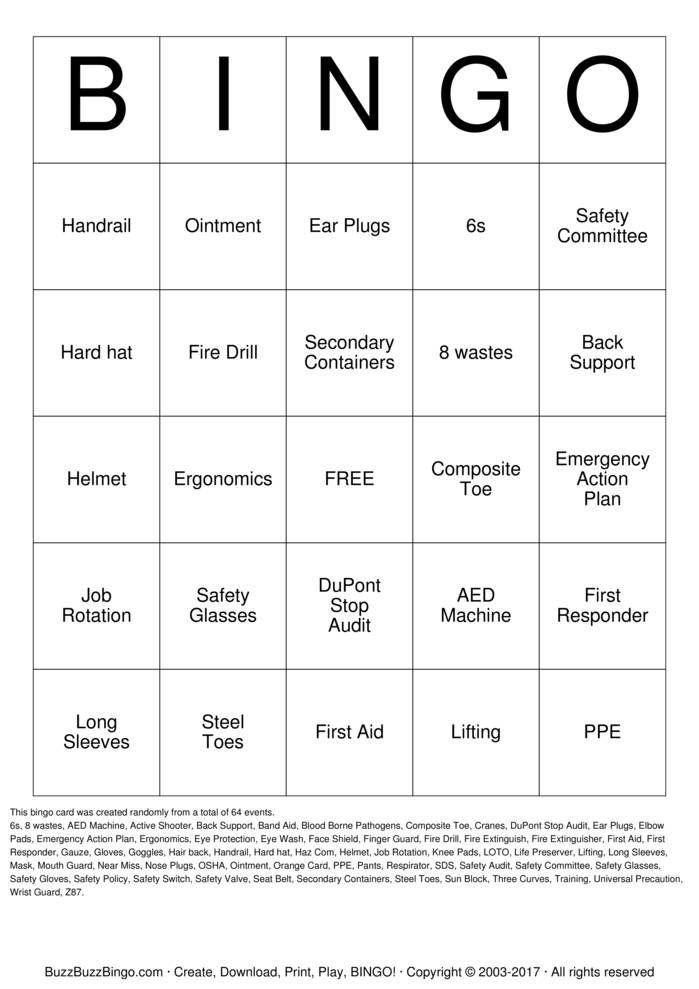 Safety Bingo Bingo Cards to Download, Print and Customize!