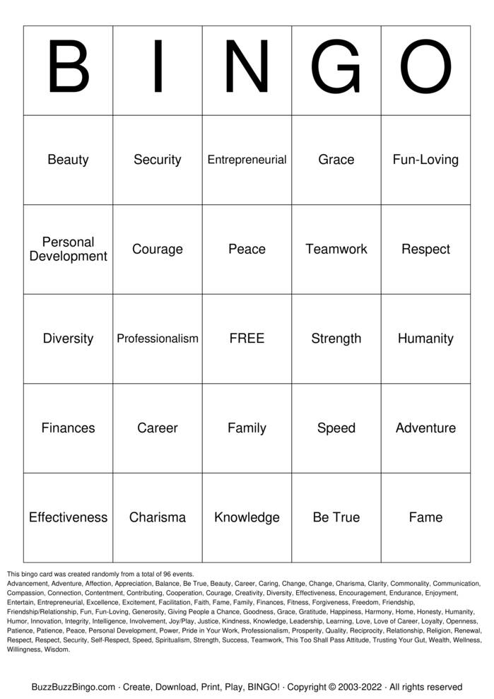 Values Bingo Cards to Download, Print and Customize!