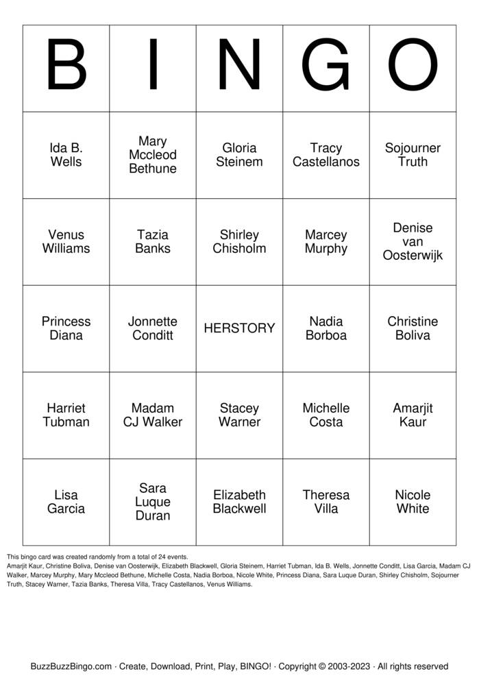 Women History Bingo Cards to Download, Print and Customize!