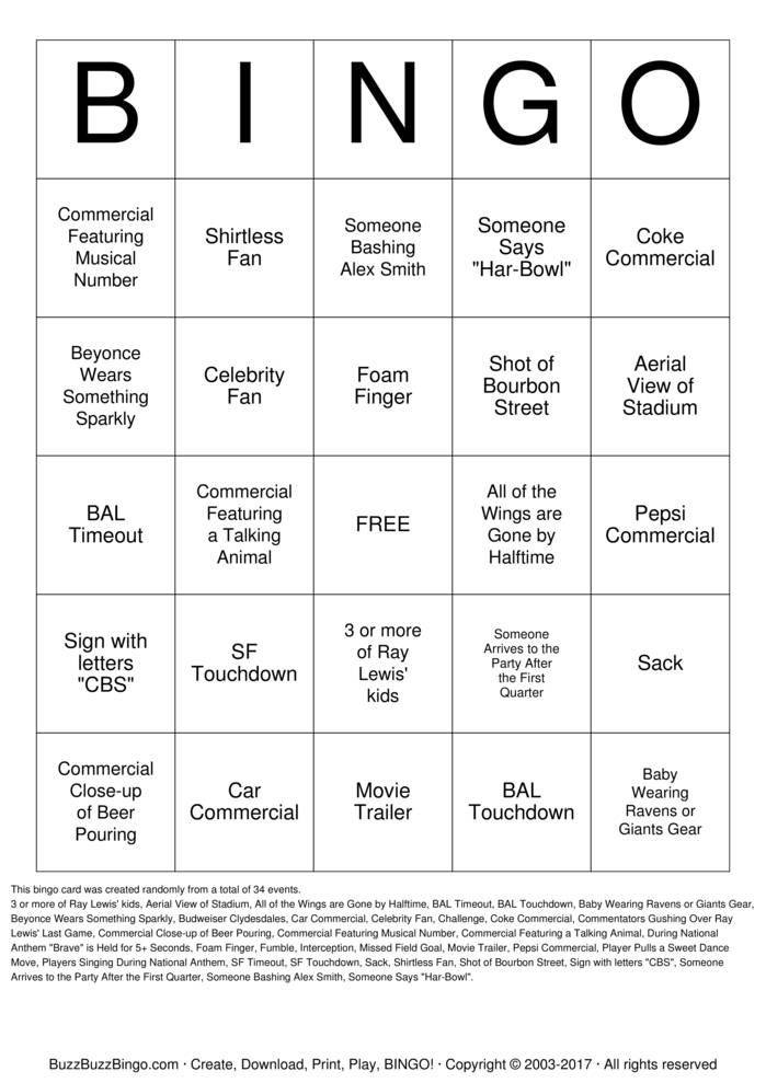 2013 Superbowl BAL vs SF Bingo Cards to Download, Print and Customize!