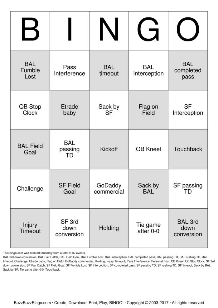 2013 Superbowl BAL vs SF Bingo Cards to Download, Print and Customize!