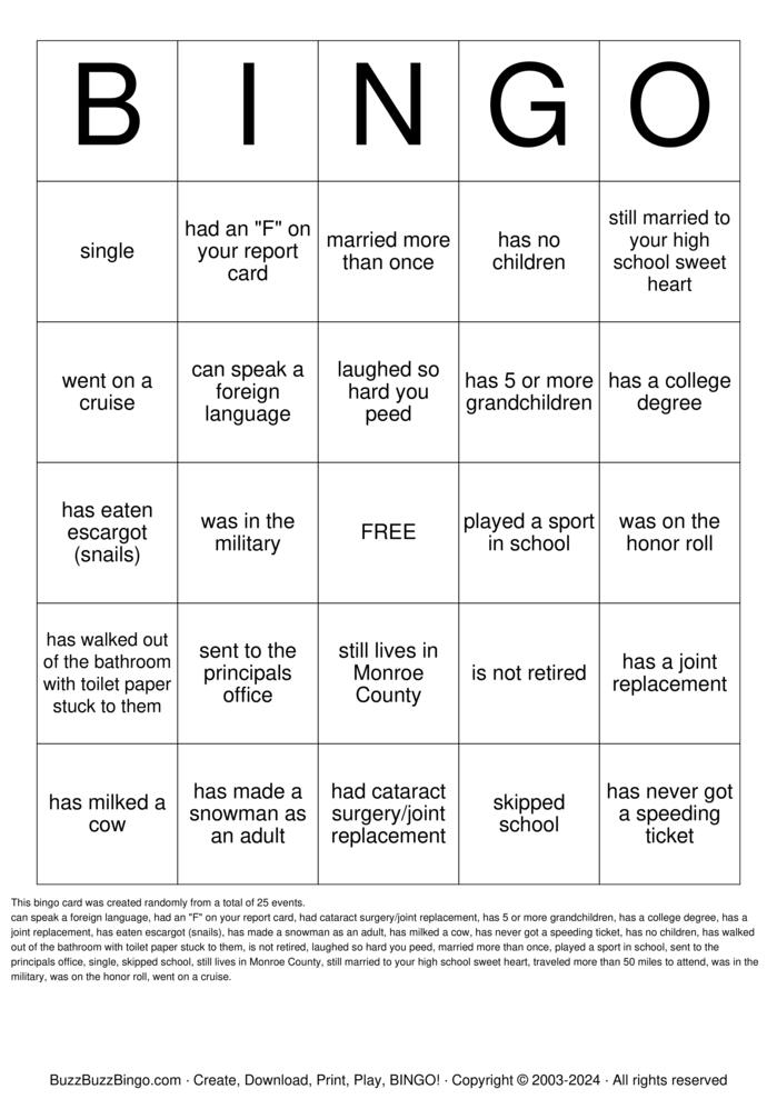 40th Class Reunion Bingo Cards to Download, Print and Customize!