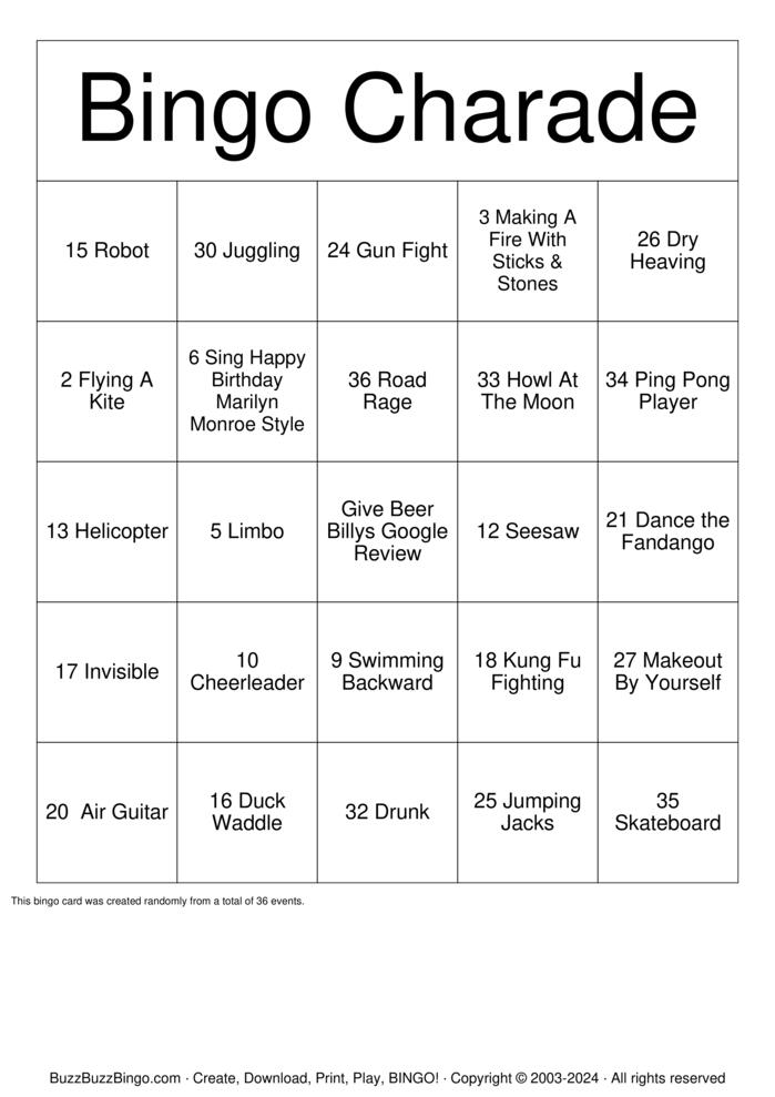 Bingo Charades Bingo Cards to Download, Print and Customize!