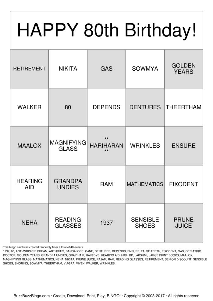 Happy 80th Birthday!! Bingo Cards to Download, Print and Customize!