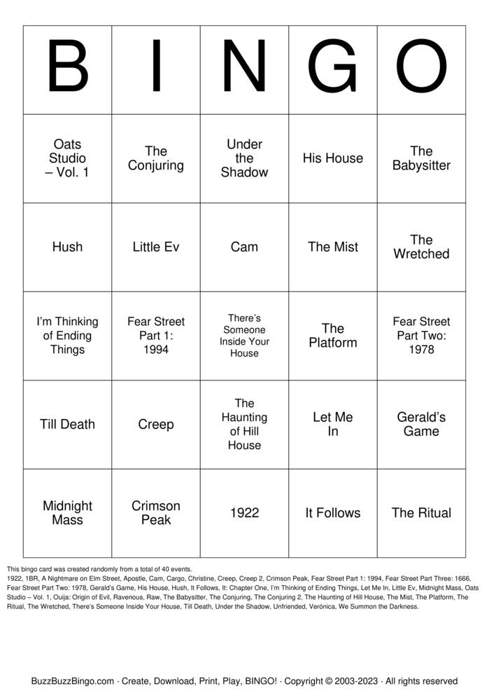 Horror Movies Bingo Cards to Download, Print and Customize!