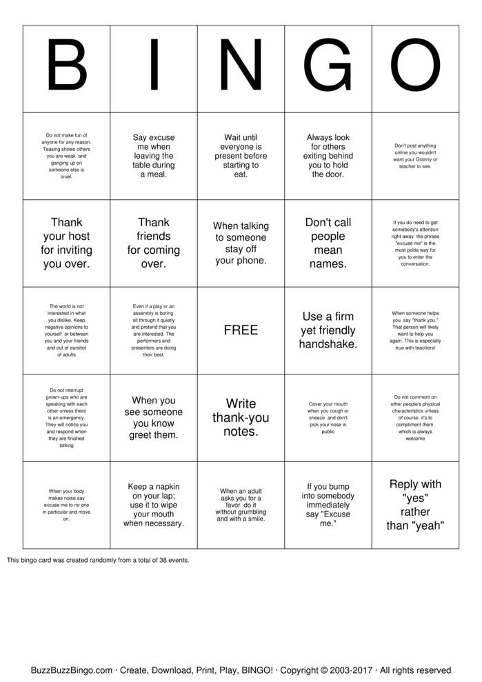 Manners Bingo Cards to Download, Print and Customize!