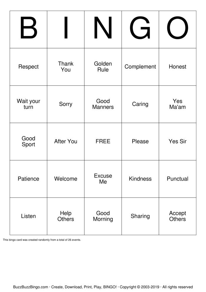 Manners B-I-N-G-O Bingo Cards to Download, Print and Customize!