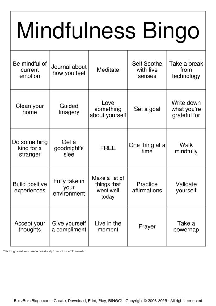 Mindfulness Bingo Bingo Cards to Download, Print and Customize!