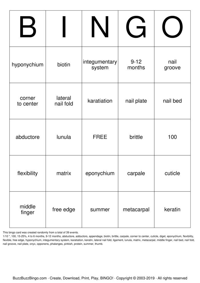 Nail stuucture and growth Bingo Cards to Download, Print and Customize!