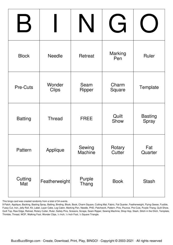 QUILT Bingo Cards to Download, Print and Customize!