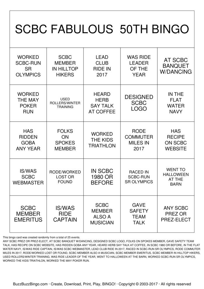 SCBC FABULOUS 50TH BINGO Bingo Cards to Download, Print and Customize!