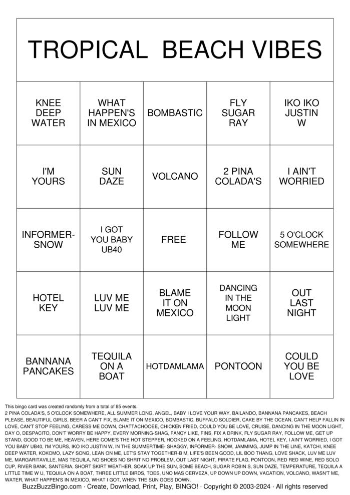 TROPICAL BEACH VIBES Bingo Cards to Download, Print and Customize!